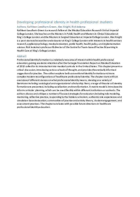 (PDF) Developing Professional Identity in Health Professional Students