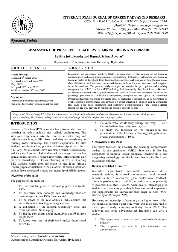 (PDF) ASSESSMENT OF PRESERVICE TEACHERS' LEARNING DURING INTERNSHIP