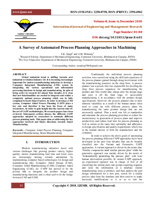 (PDF) A Survey of Automated Process Planning Approaches in Machining