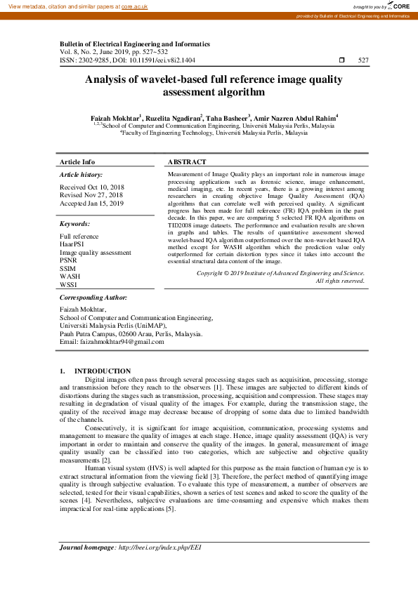 Pdf Analysis Of Wavelet Based Full Reference Image Quality Assessment Algorithm