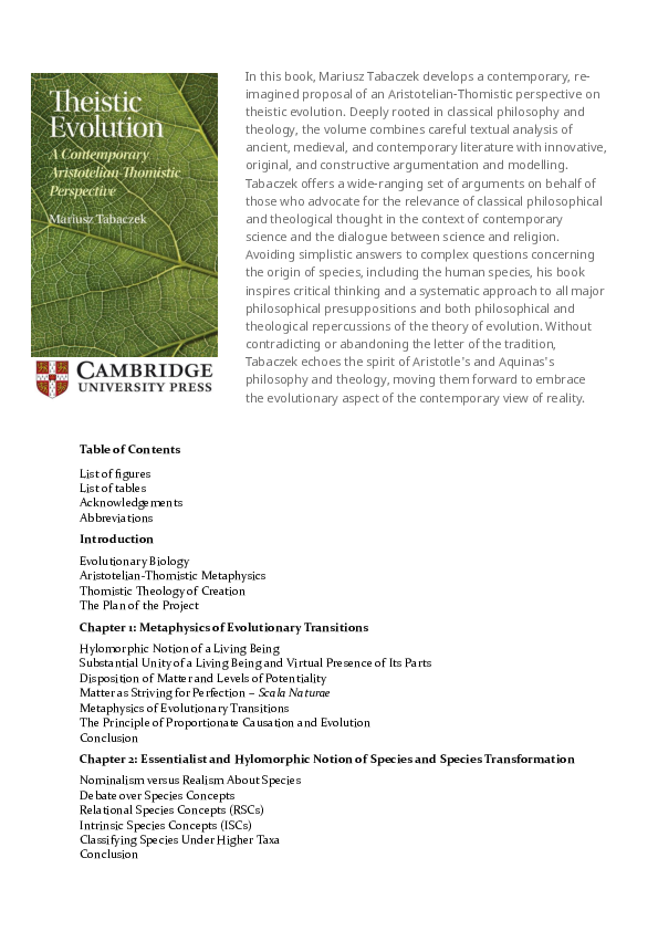 (PDF) Theistic Evolution: A Contemporary Aristotelian-Thomistic Perspective