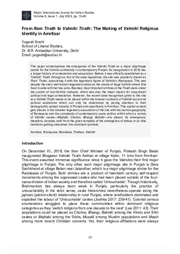 (PDF) From Ram Tirath to Valmiki Tirath: The Making of Valmiki ...