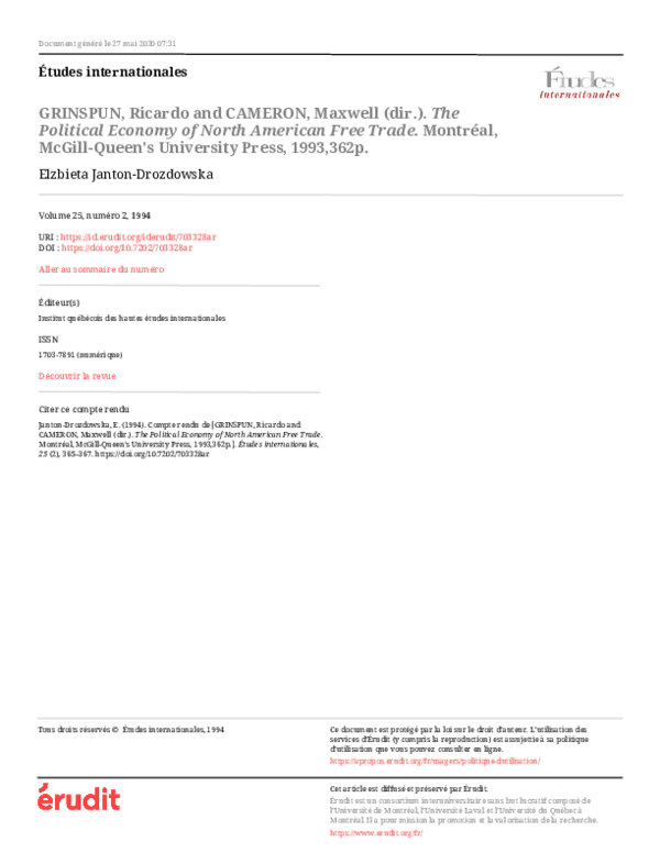 (PDF) GRINSPUN, Ricardo and CAMERON, Maxwell (dir.). The Political ...