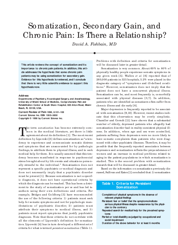 (PDF) Somatization, secondary gain, and chronic pain: Is there a ...