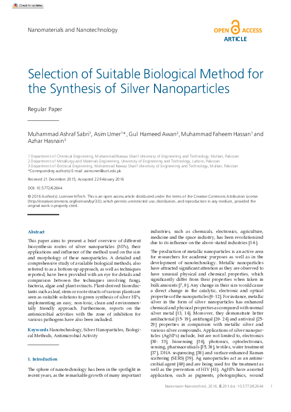 Selection Of Suitable Biological Method For The Synthesis Of Silver Nanoparticles