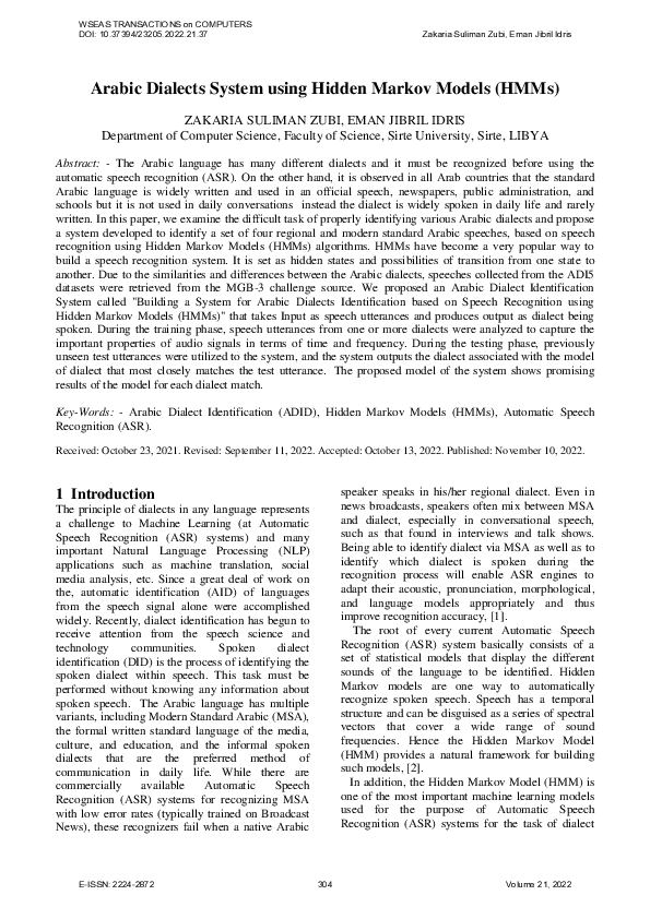 (PDF) Arabic Dialects System using Hidden Markov Models (HMMs) | Eman Jibril - Academia.edu