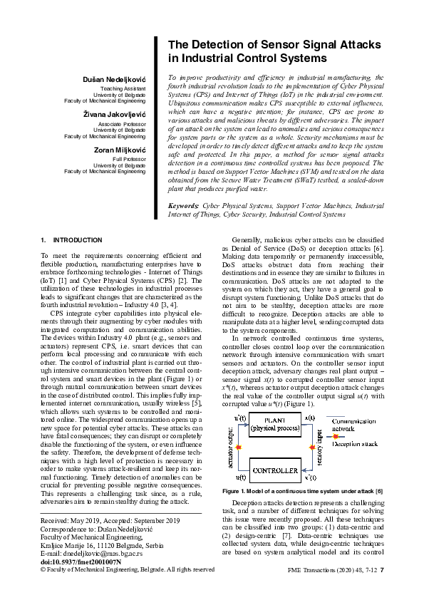 Pdf The Detection Of Sensor Signal Attacks In Industrial Control Systems