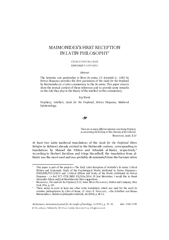 (PDF) Maimonides's First Reception in Latin Philosophy