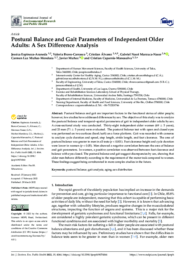 Pdf Postural Balance And Gait Parameters Of Independent Older Adults A Sex Difference Analysis