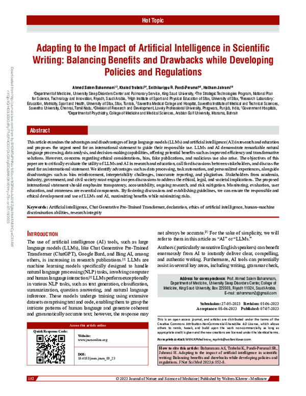 (PDF) Adapting to the Impact of AI in Scientific Writing: Balancing ...