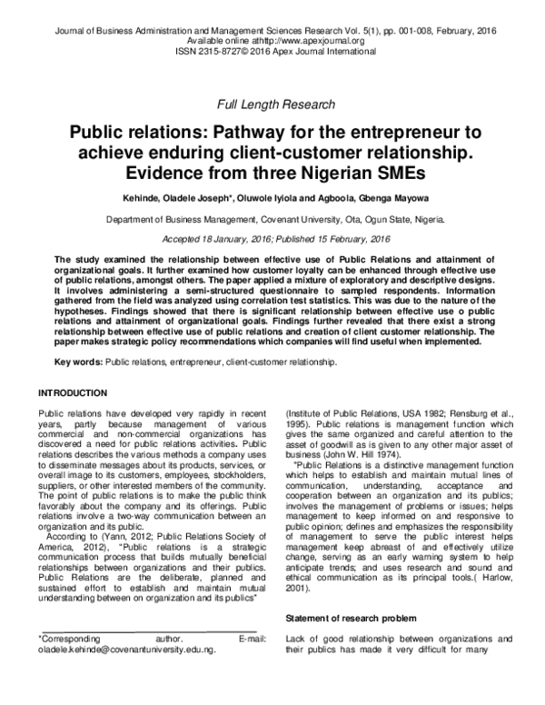 (PDF) Public relations: Pathway for the entrepreneur to achieve ...