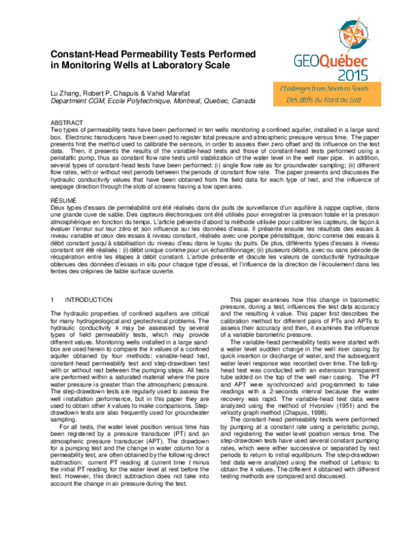 (PDF) Constant-Head Permeability Tests Performed in Monitoring Wells at ...