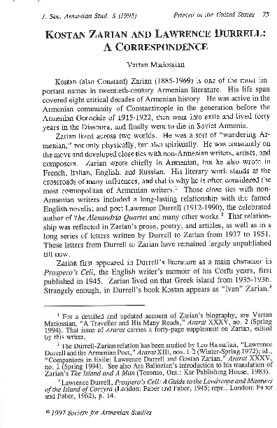 (PDF) Kostan Zarian and Lawrence Durrell: A Correspondence