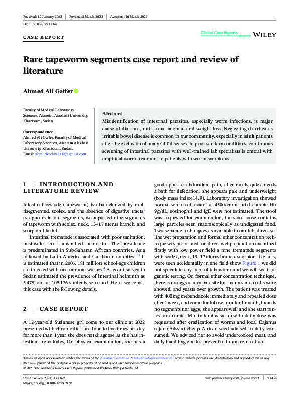 (PDF) Rare tapeworm segments case report and review of literature