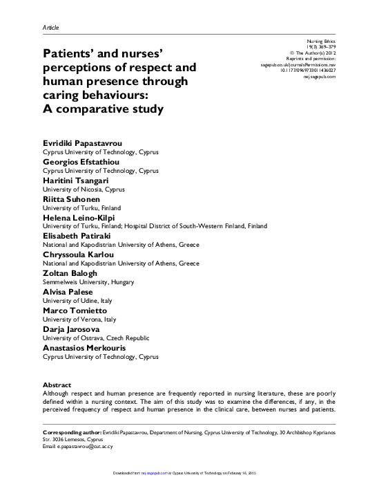 (PDF) Patients’ and nurses’ perceptions of respect and human presence through caring behaviours ...