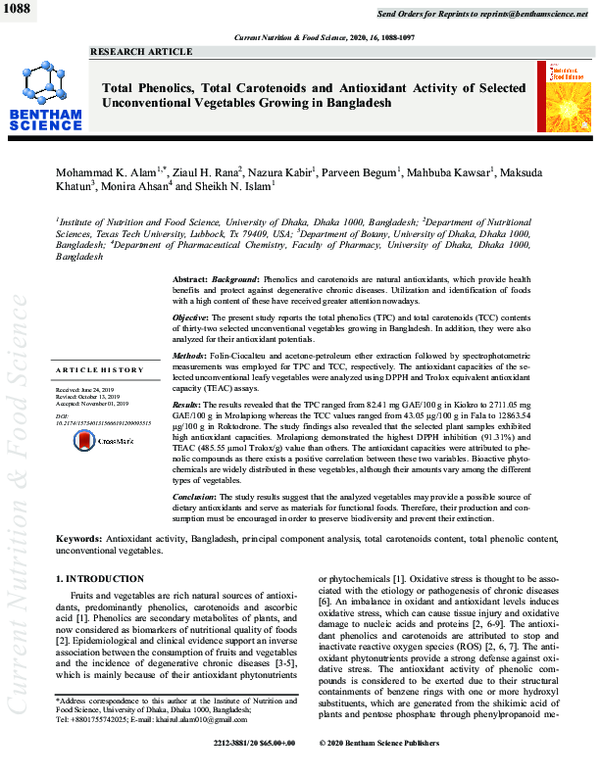 (PDF) Total Phenolics, Total Carotenoids and Antioxidant Activity of Selected Unconventional ...