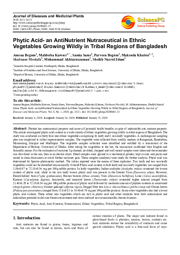 (PDF) Phytic Acid- an AntiNutrient Nutraceutical in Ethnic Vegetables Growing Wildly in Tribal ...