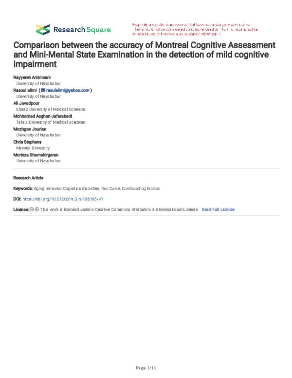 Pdf Comparison Between The Accuracy Of Montreal Cognitive Assessment And Mini Mental State