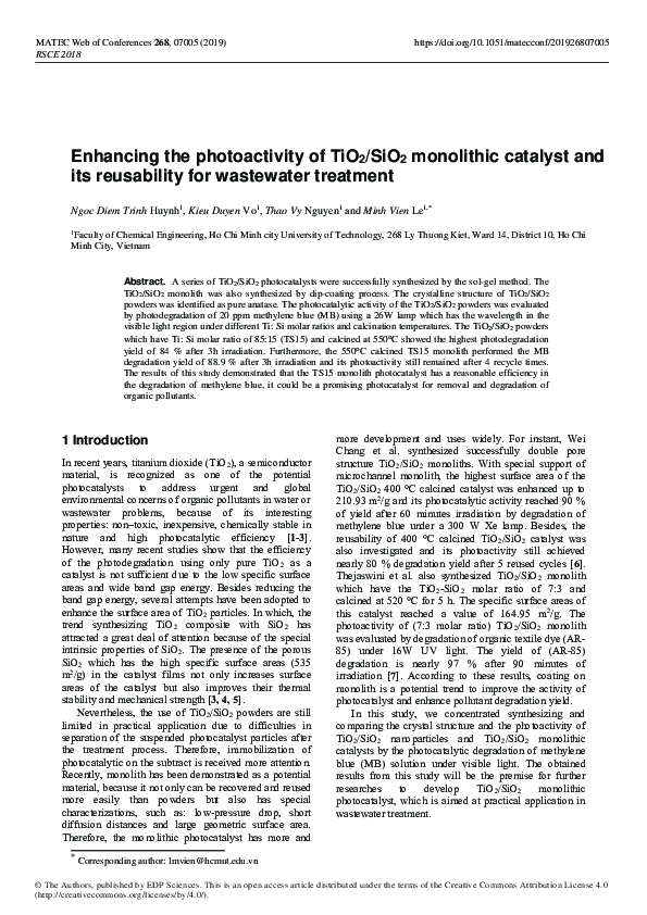 (PDF) Enhancing the photoactivity of TiO2/SiO2 monolithic catalyst and its reusability for ...