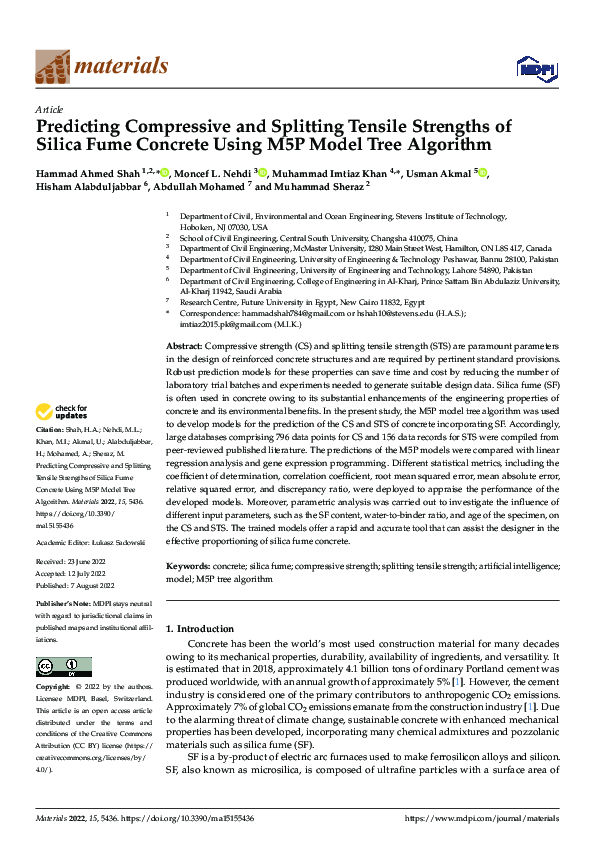 (PDF) Predicting Compressive and Splitting Tensile Strengths of Silica Fume Concrete Using M5P ...