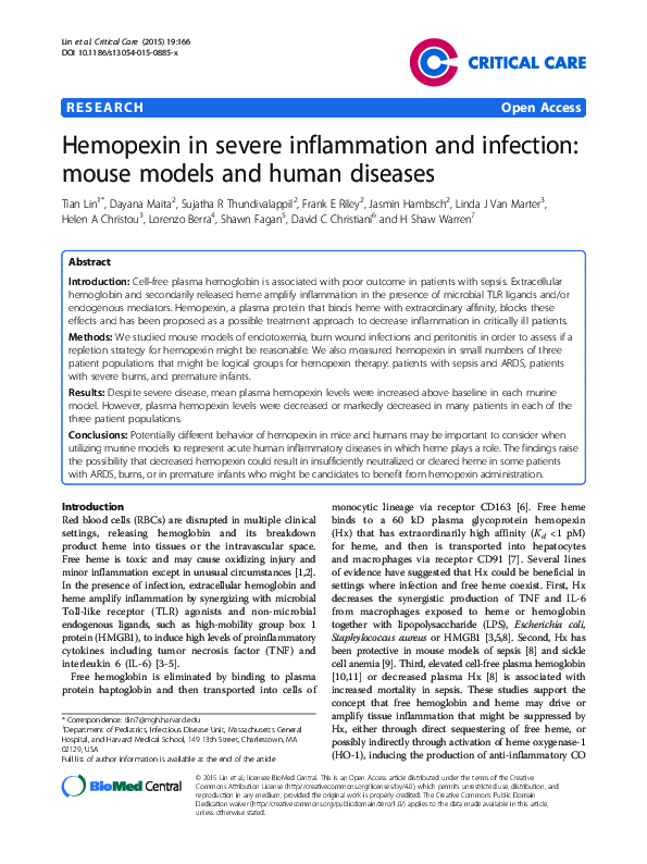 (PDF) Hemopexin in severe inflammation and infection: mouse models and ...
