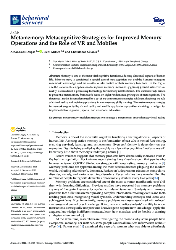(PDF) Metamemory: Metacognitive Strategies for Improved Memory Operations and the Role of VR and ...