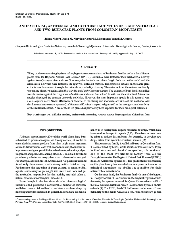 (PDF) Antibacterial, antifungal and cytotoxic activities of eight Asteraceae and two Rubiaceae ...