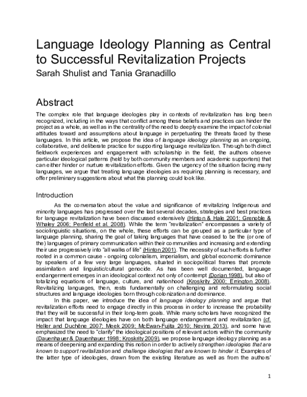 (PDF) Language Ideology Planning as Central to Successful Revitalization Projects