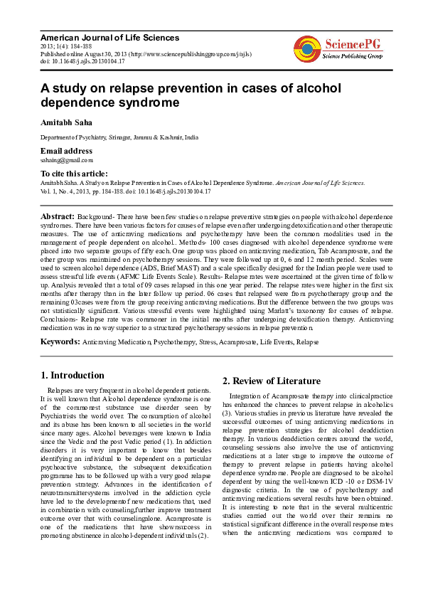 (PDF) A Study on Relapse Prevention in Cases of Alcohol Dependence Syndrome
