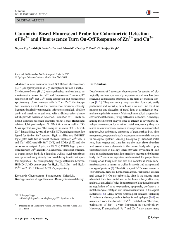 Pdf Coumarin Based Fluorescent Probe For Colorimetric Detection Of Fe 3 And Fluorescence