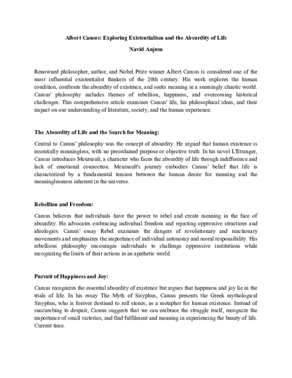 (DOC) Albert Camus: Exploring Existentialism and the Absurdity of Life