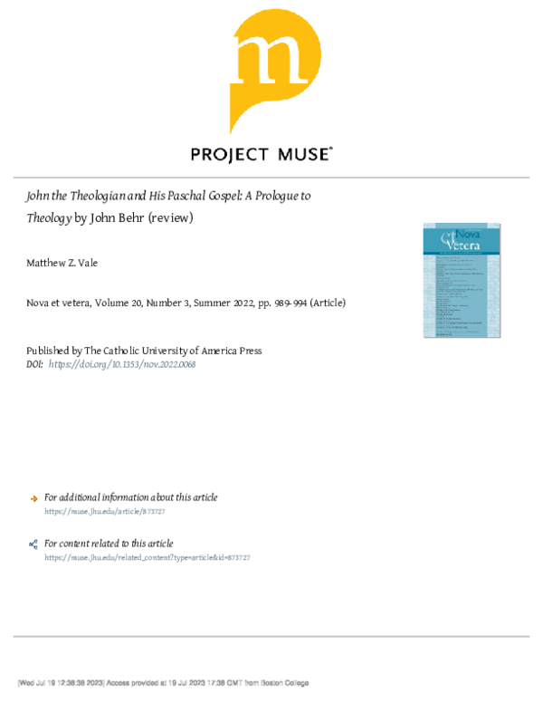(PDF) Review of John Behr, John the Theologian and His Paschal Gospel ...