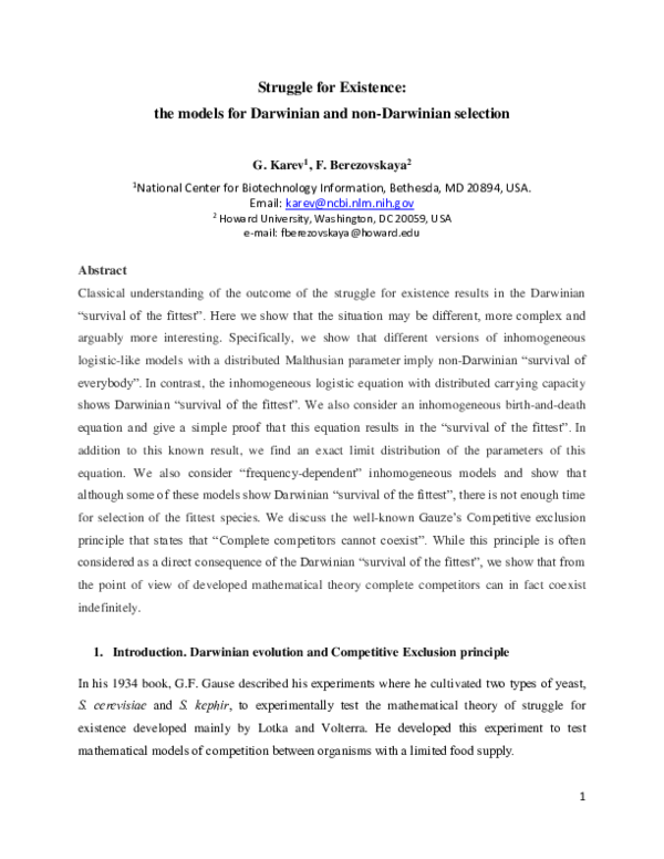 (PDF) Struggle for Existence: the models for Darwinian and non ...