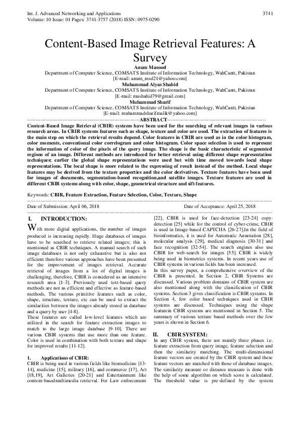 (PDF) Content-Based Image Retrieval Features: A Survey