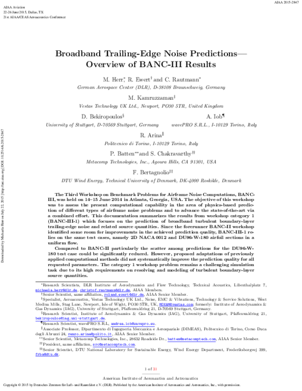 (PDF) Broadband Trailing-Edge Noise Predictions—Overview of BANC-III Results
