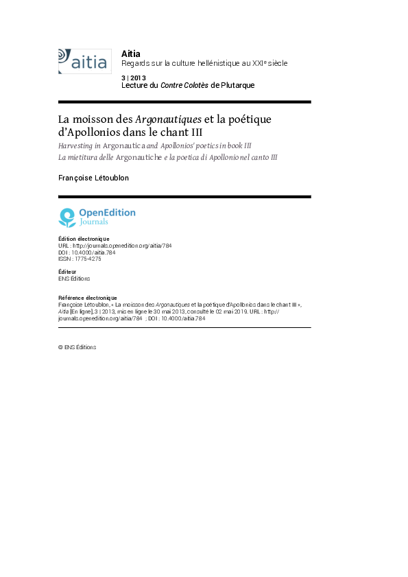 (PDF) La moisson des Argonautiques et la poétique d’Apollonios dans le ...