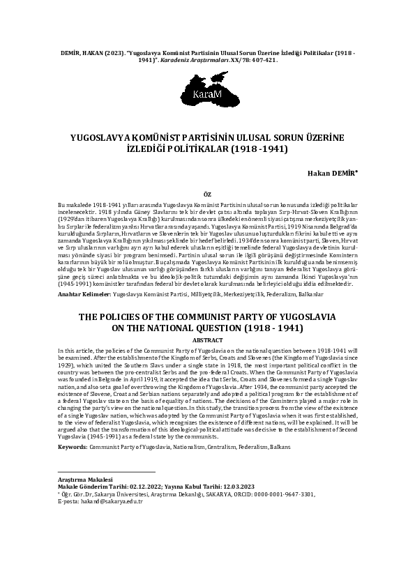 (PDF) YUGOSLAVYA KOMÜNİST PARTİSİNİN ULUSAL SORUN ÜZERİNE İZLEDİĞİ POLİTİKALAR (1918-1941)