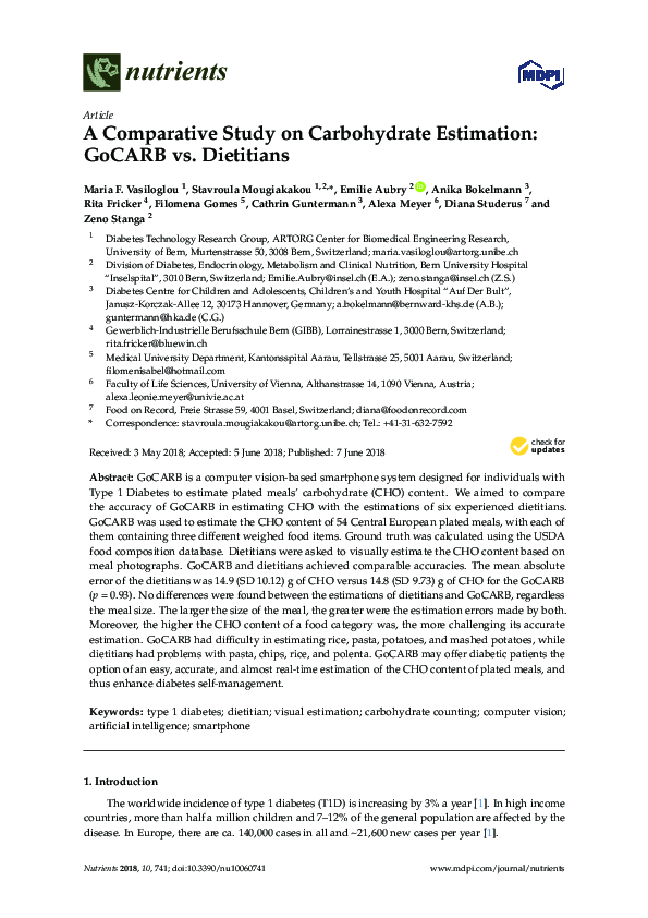 (PDF) A Comparative Study on Carbohydrate Estimation: GoCARB vs. Dietitians