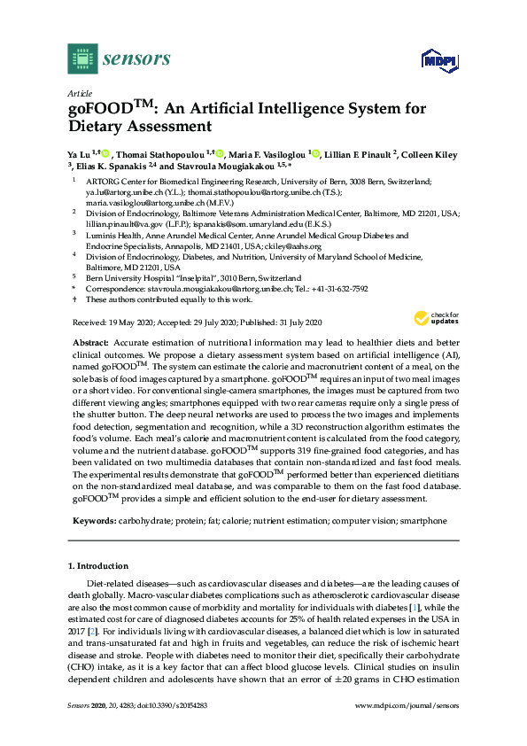(PDF) goFOODTM: An Artificial Intelligence System for Dietary Assessment