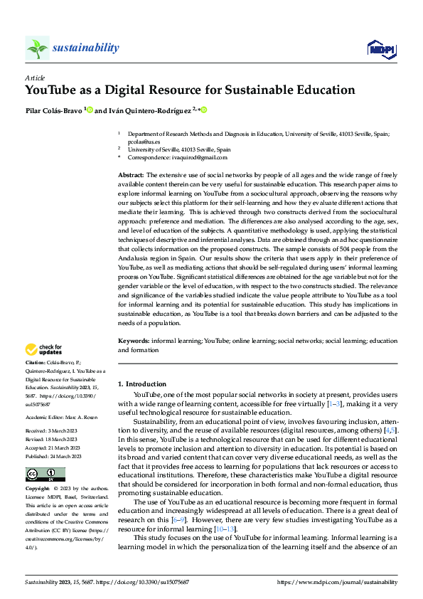 (PDF) YouTube as a Digital Resource for Sustainable Education