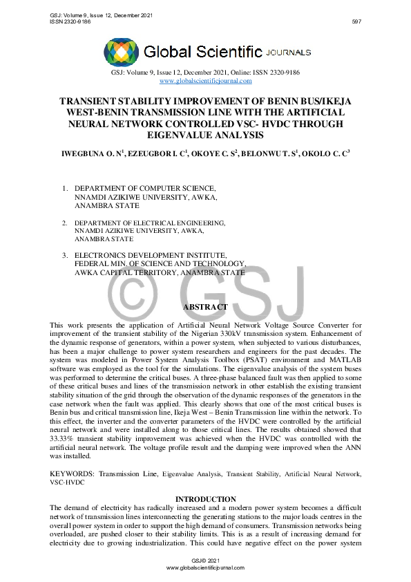 (PDF) TRANSIENT STABILITY IMPROVEMENT OF BENIN BUS/IKEJA WEST-BENIN TRANSMISSION LINE WITH THE ...