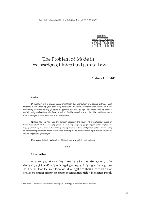 (PDF) The Problem of Mode in Declaration of Intent in Islamic Law