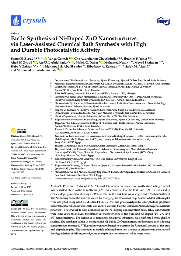 (PDF) Facile Synthesis of Ni-Doped ZnO Nanostructures via Laser ... (PDF) Facile Synthesis of Ni-Doped ZnO Nanostructures via Laser ...