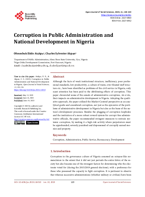 (PDF) Corruption in Public Administration and National Development in Nigeria