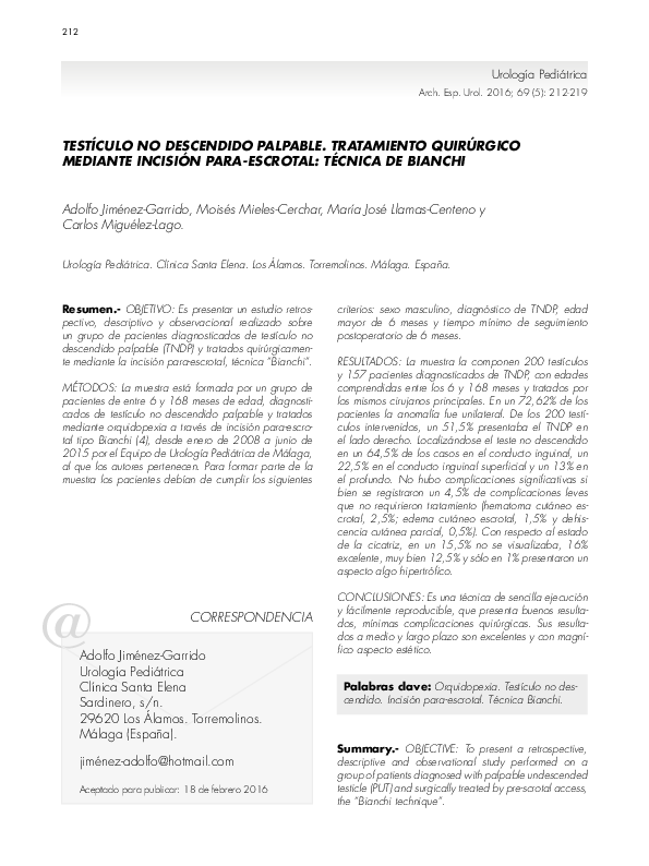 (PDF) TESTÍCULO NO DESCENDIDO PALPABLE. TRATAMIENTO QUIRÚRGICO MEDIANTE ...