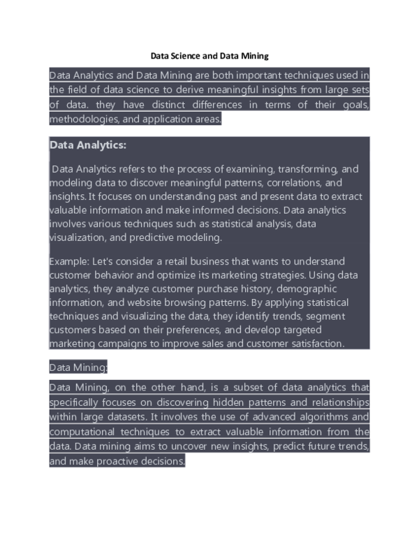 (DOC) Data Analytics and Data Mining are both important techniques used in the field of data ...