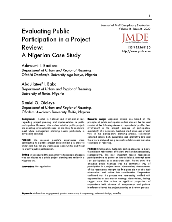 (PDF) Evaluating Public Participation in a Project Plan Review: A Nigerian Case Study