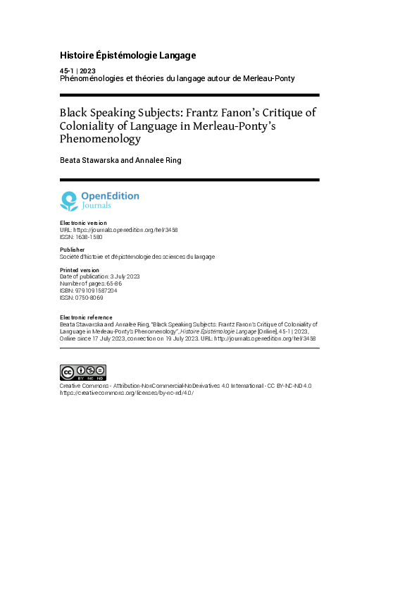 (PDF) Black Speaking Subjects: Frantz Fanon's Critique of Coloniality ...