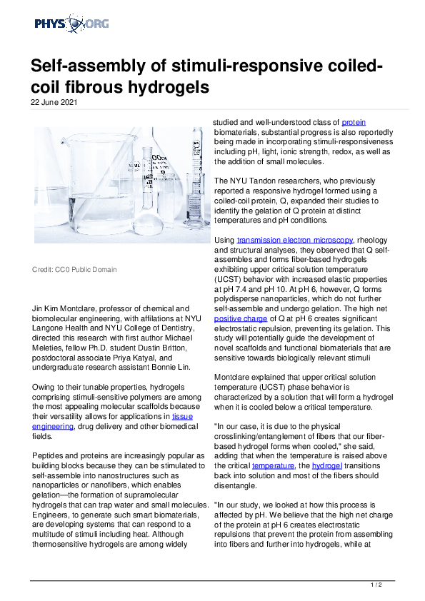 (PDF) Self-assembly of stimuli-responsive coiled-coil fibrous hydrogels | Jin Montclare ...