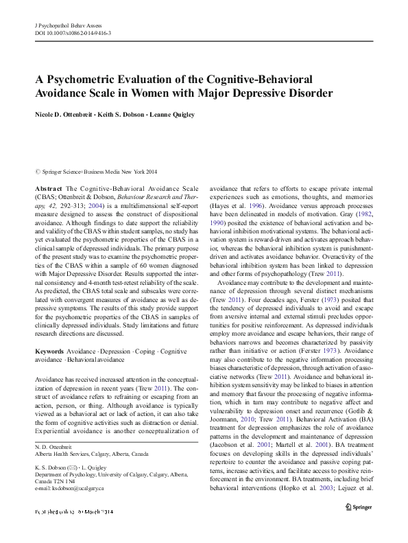 (PDF) A Psychometric Evaluation of the Cognitive-Behavioral Avoidance ...